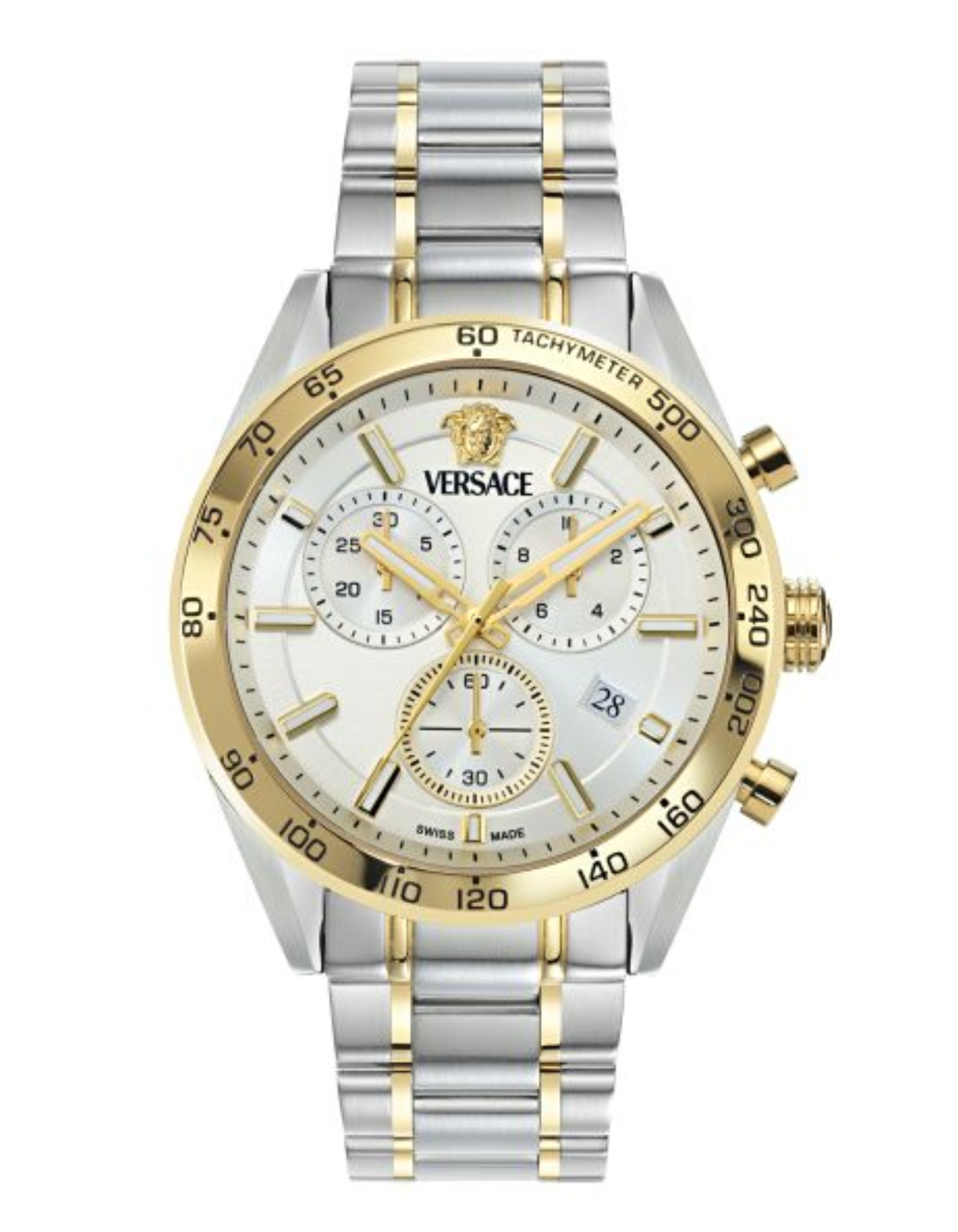 Versace V-Code Chrono Silver Dial Two-Tone Stainless Steel Bracelet Wa
